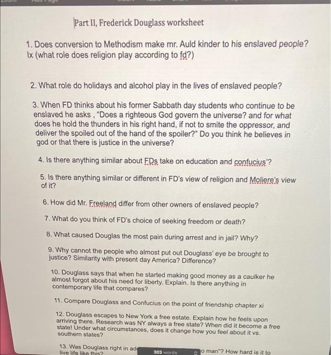 Part II, Frederick Douglass worksheet 1. Does | Chegg.com