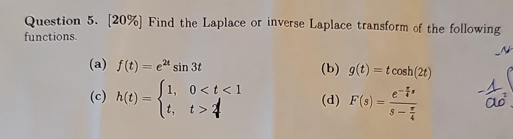 Solved Question 5. [20\%] Find the Laplace or inverse | Chegg.com