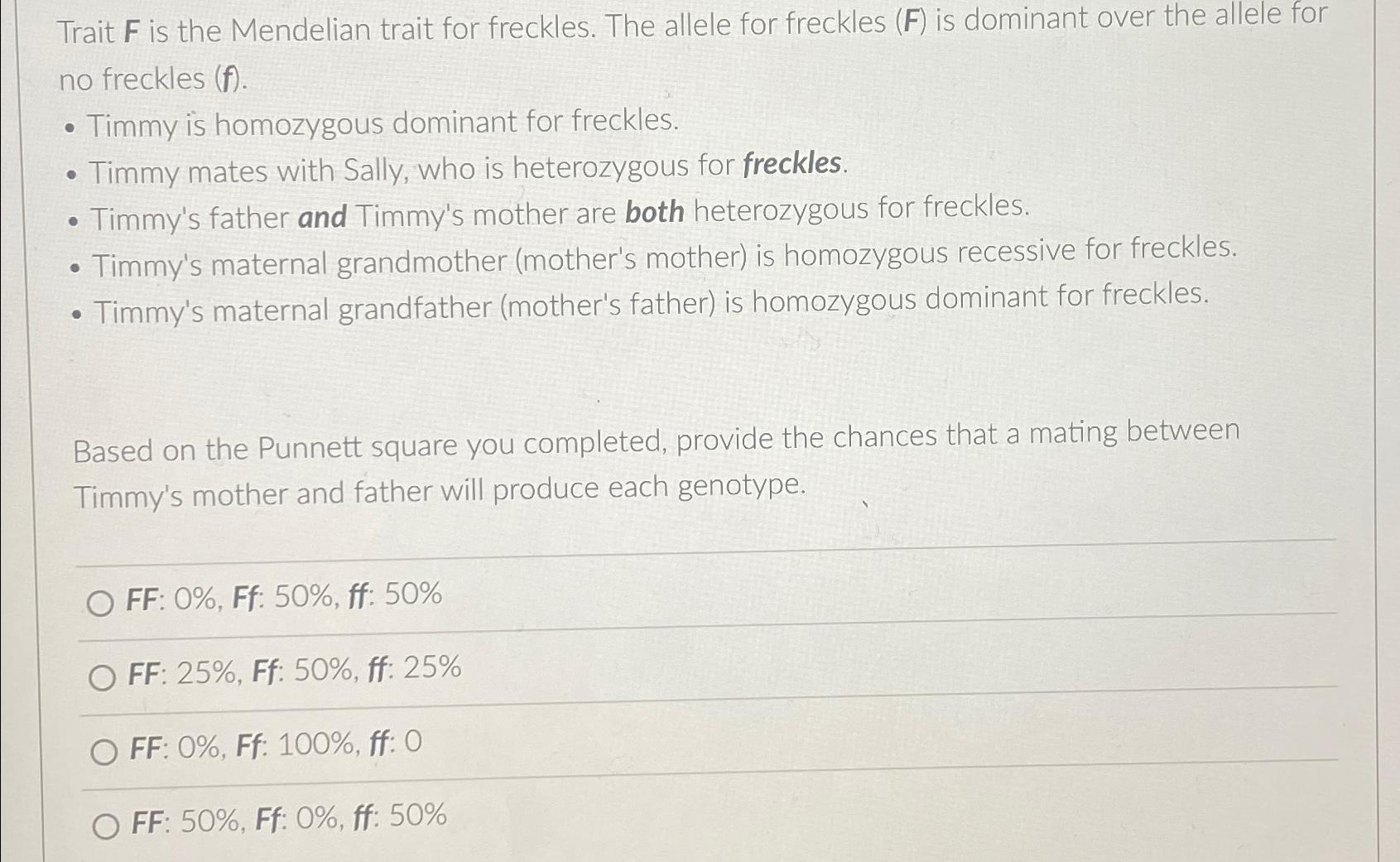 Solved Trait F ﻿is the Mendelian trait for freckles. The | Chegg.com