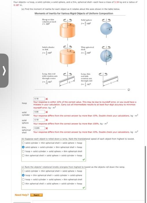 Solved Four objects-a hoop, a solid cylinder, a solid | Chegg.com