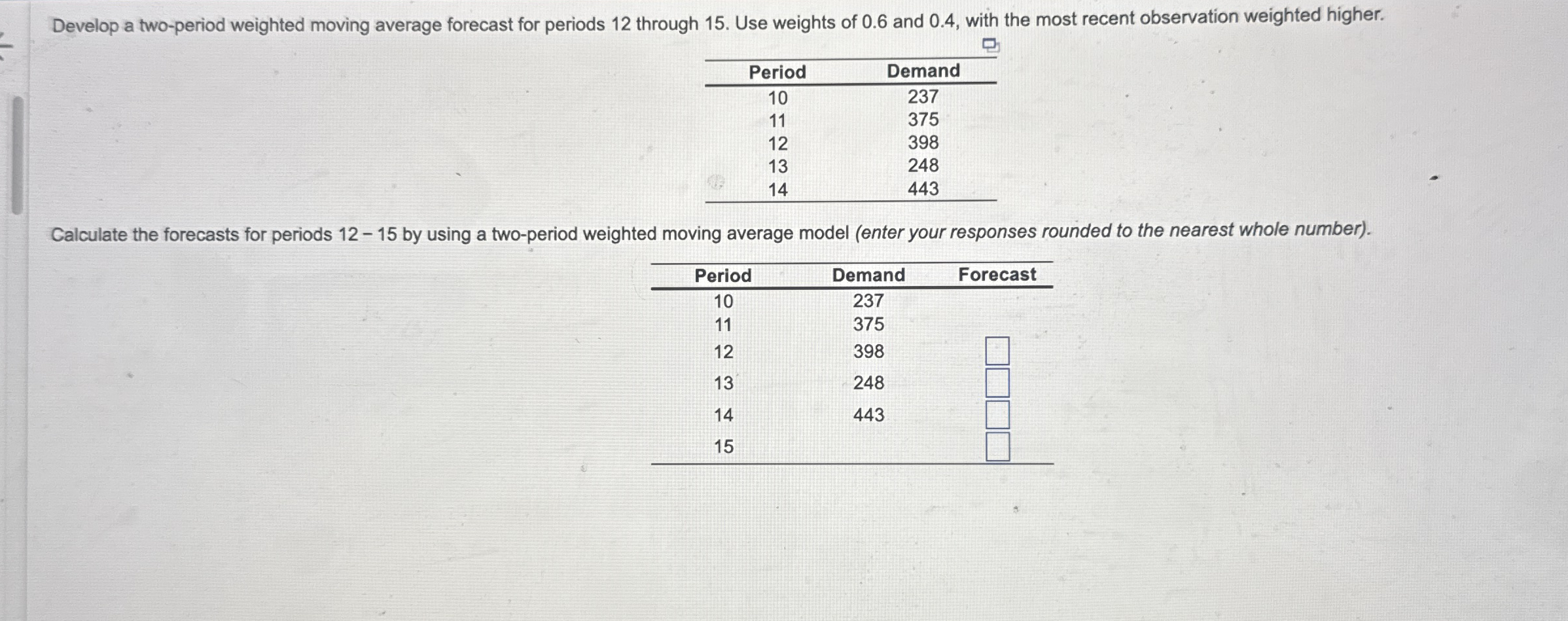 Solved Develop a two-period weighted moving average forecast | Chegg.com