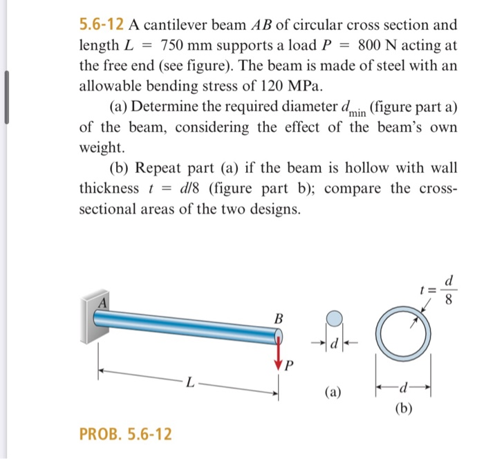Solved 5.6-12 A cantilever beam AB of circular cross section | Chegg.com