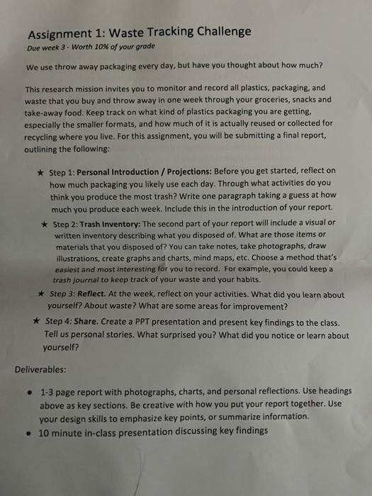Assignment 1: Waste Tracking Challenge Due week 3 . | Chegg.com