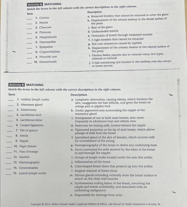 Solved Activity B MATCHING Match the terms in the left | Chegg.com