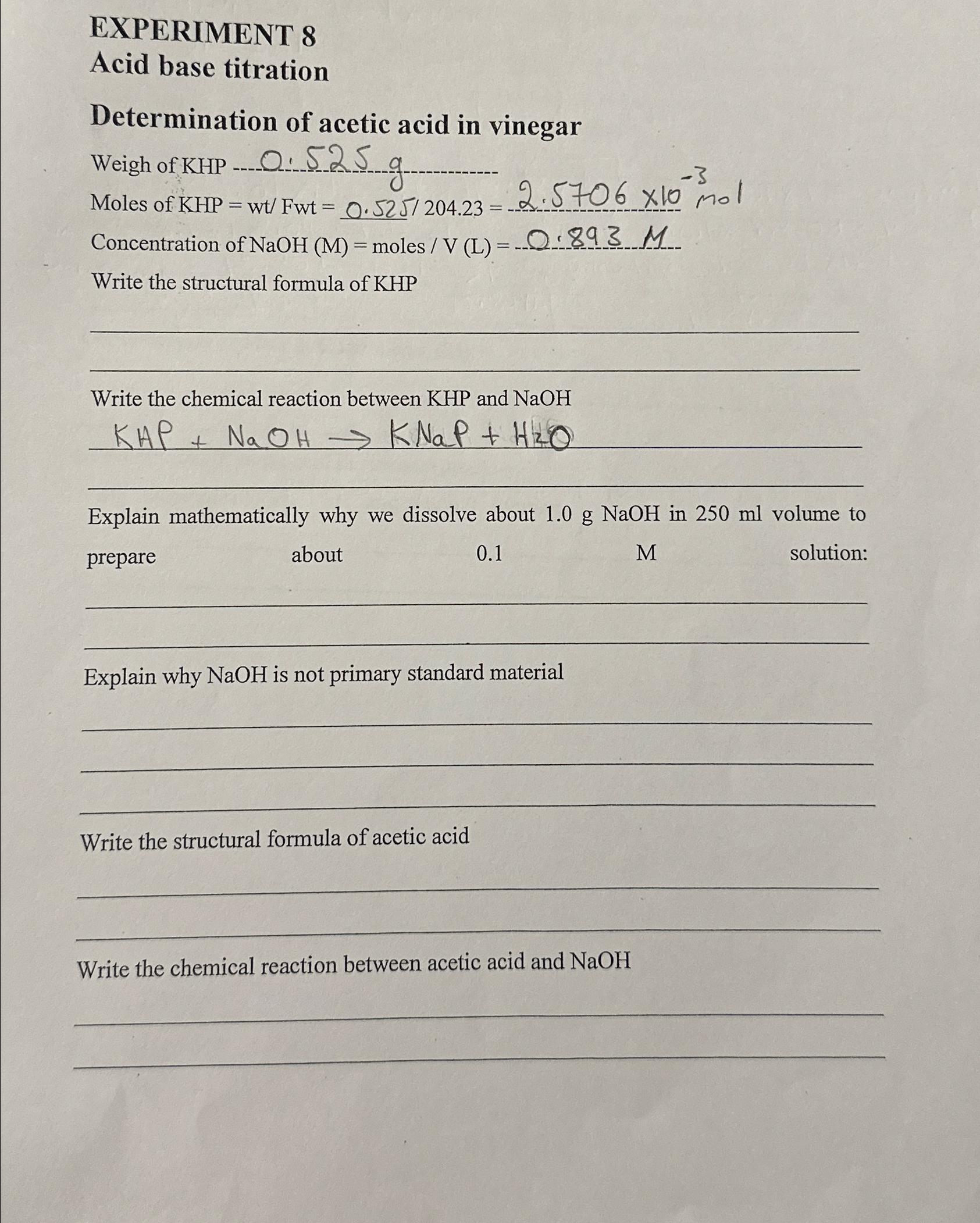 Solved EXPERIMENT 8Acid base titrationDetermination of | Chegg.com