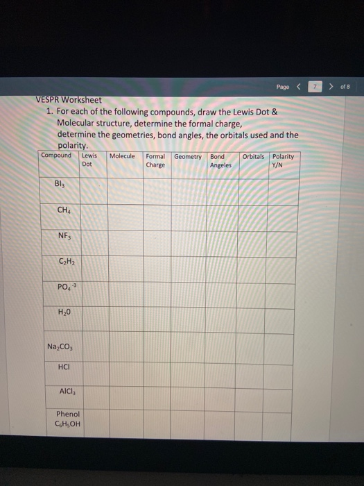 Solved 7 of 8 Page VESPR Worksheet 1. For each of the | Chegg.com