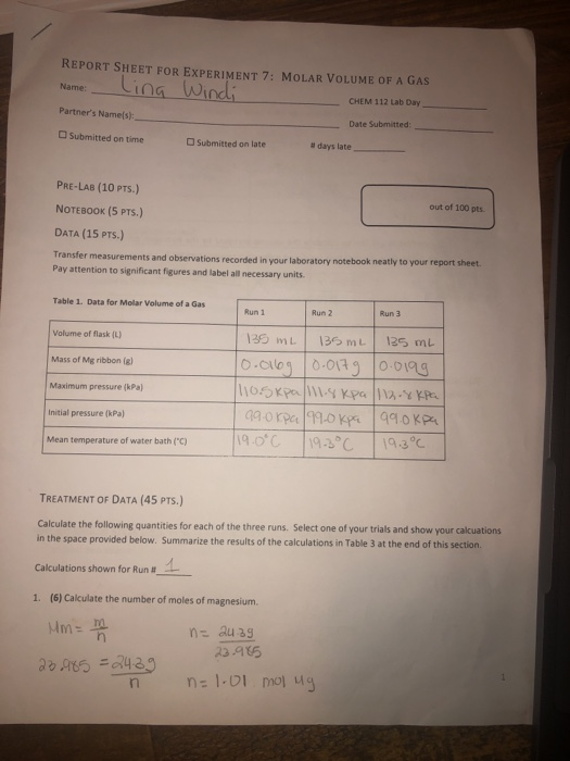 REPORT SHEET FOR EXPERIMENT 7: MOLAR VOLUME OF A GAS | Chegg.com