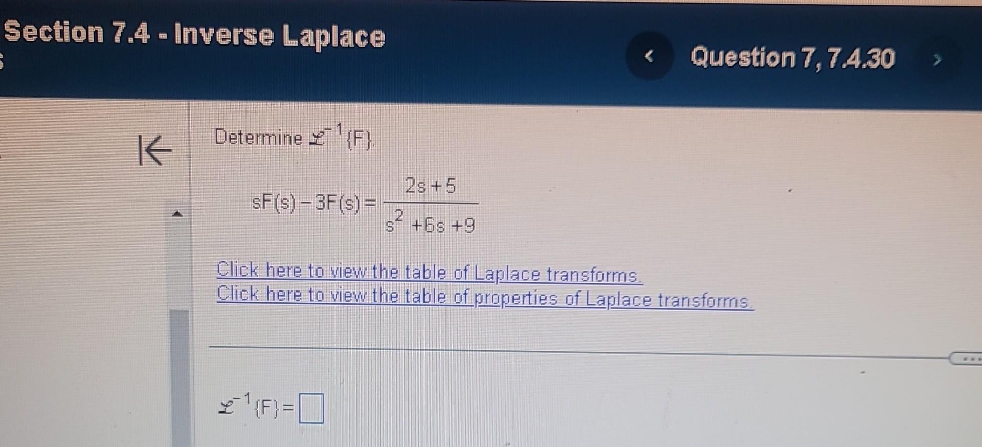 Solved Determine L−1{F}. sF(s)−3F(s)=s2+6s+92s+5 Click here | Chegg.com