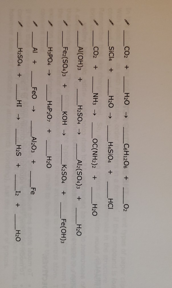 Solved —_CO2 + H2O → - C6H12O6 + —02 SiCl4 + H2O H4SiO4 + | Chegg.com