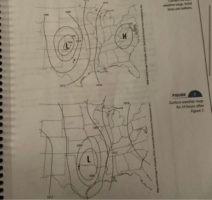 Solved 1016 weather map. Solid lines are isobars. 1008 1009 | Chegg.com