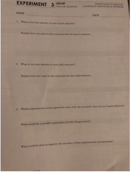 Solved EXPERIMENT 3 IDENTIFICATION OF UNKNOWN COMPOUNDS | Chegg.com