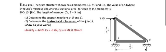 Solved 3. (15 pts.) The truss structure shown has 3 members: | Chegg.com