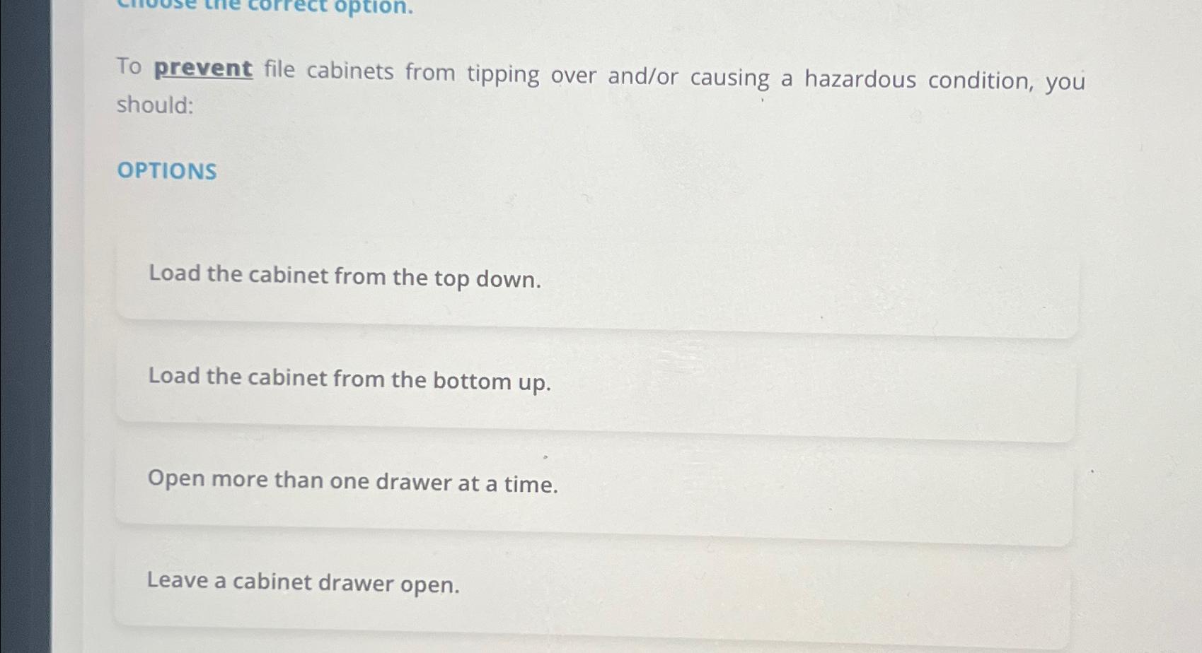 Solved To prevent file cabinets from tipping over and/or | Chegg.com