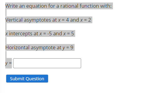 Solved Write an equation for a rational function | Chegg.com