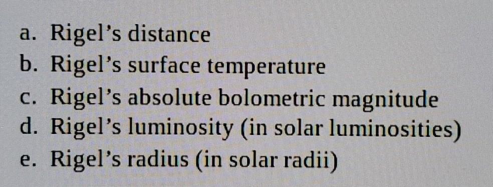 Solved Properties of stars. Rigel is a blue supergiant with | Chegg.com