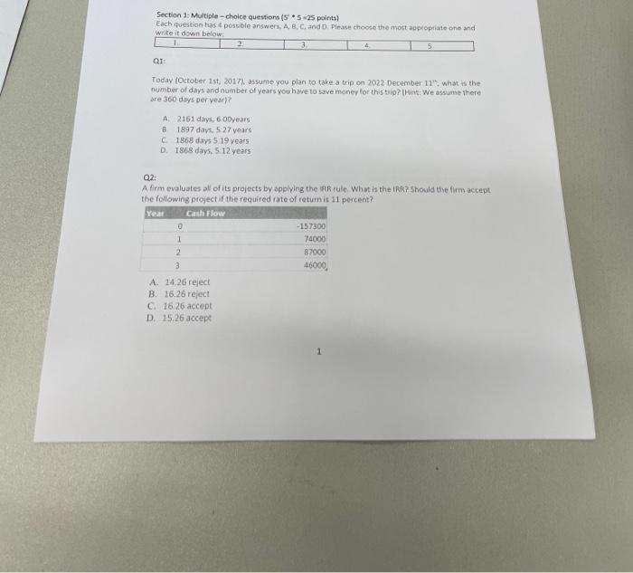 Solved Section 1: Multiple - choice quettions (5 * 2=25 | Chegg.com