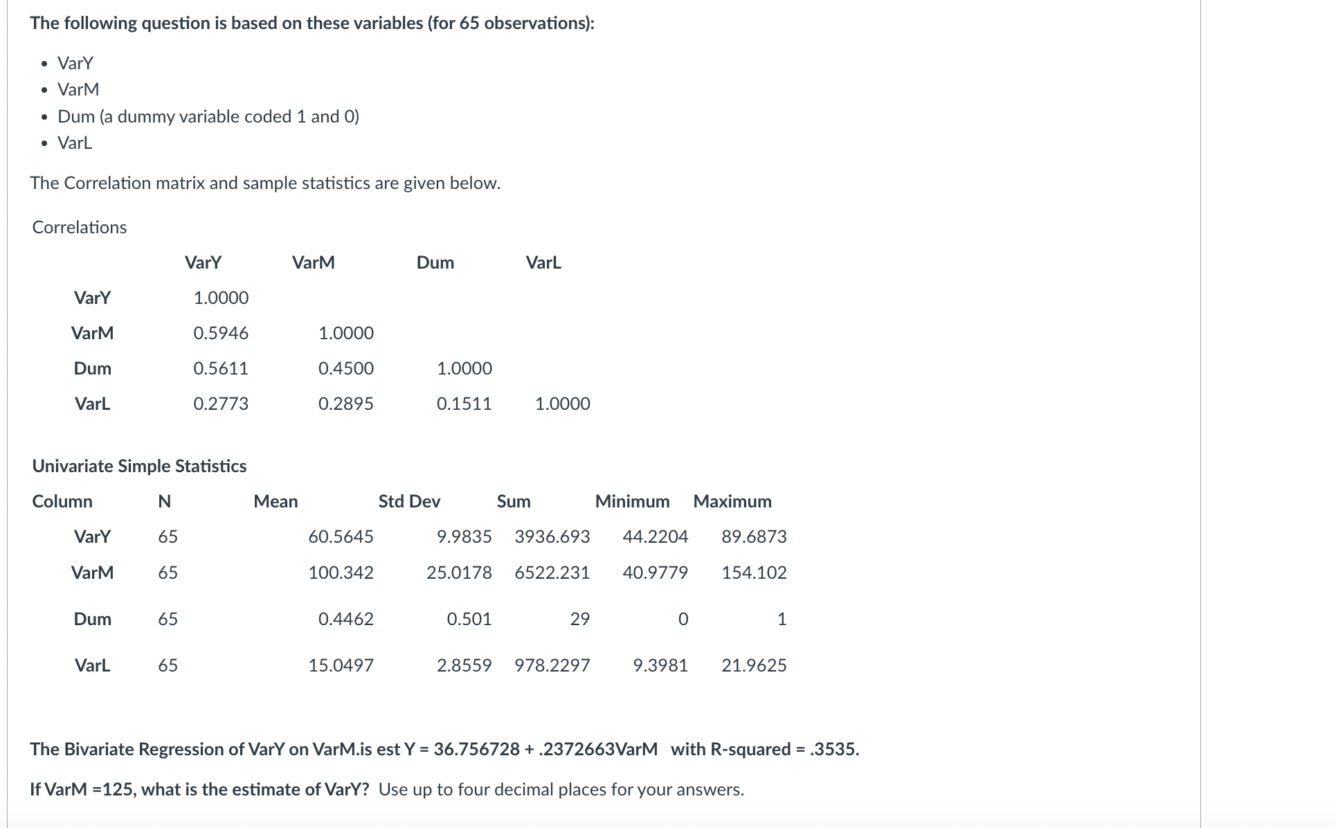 The following question is ﻿based on ﻿these variables | Chegg.com