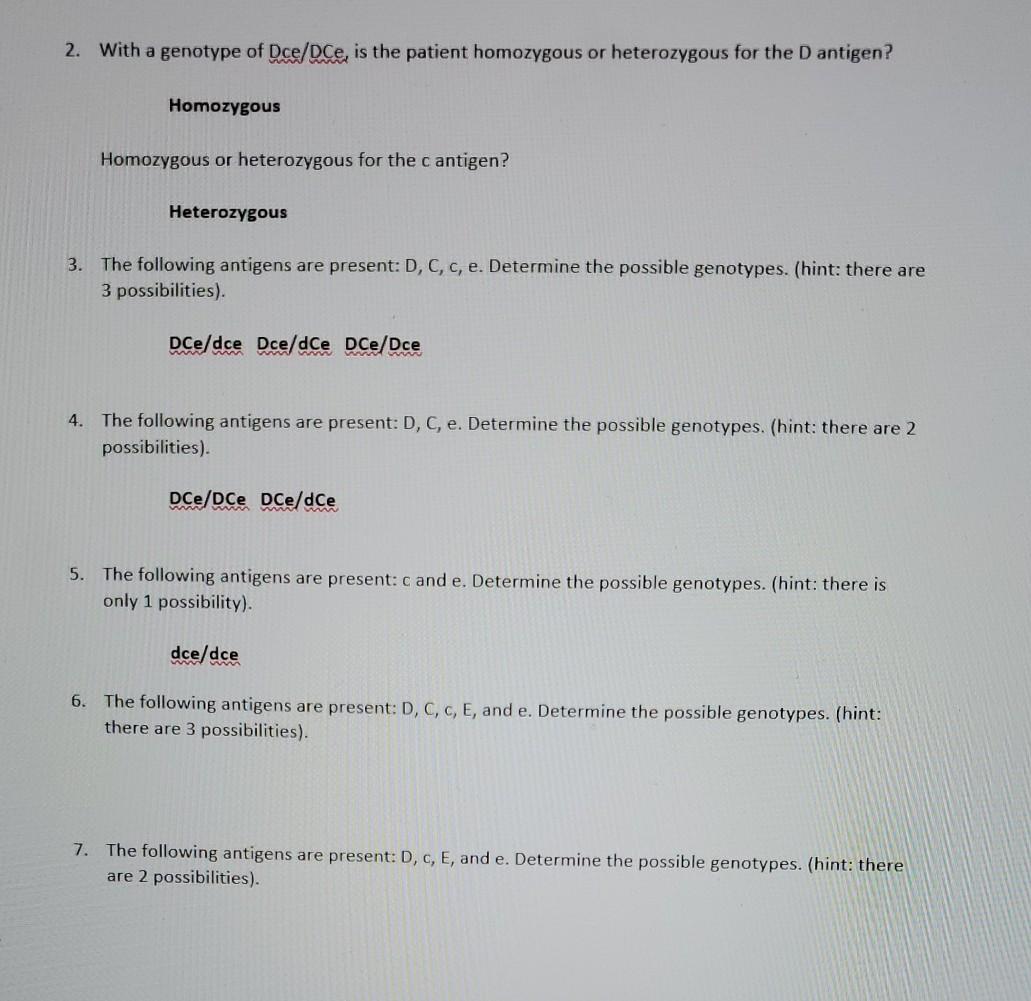 Solved 2. With a genotype of Dce/Dce, is the patient | Chegg.com