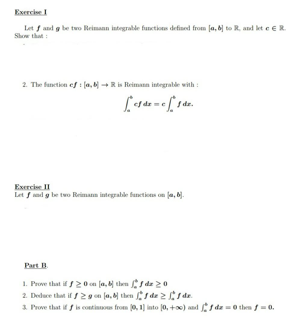 Solved Exercise I Let f and g be two Reimann integrable | Chegg.com
