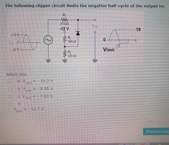 Solved The following clipper circuit limits the negative | Chegg.com