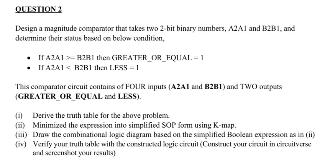 Solved OUESTION 2Design a magnitude comparator that takes | Chegg.com