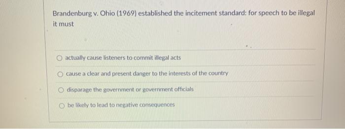 Solved Brandenburg v. Ohio (1969) established the incitement | Chegg.com