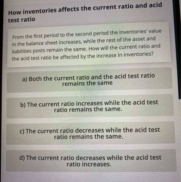 Solved How inventories affects the current ratio and acid | Chegg.com