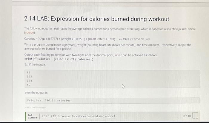 Solved 2.14 Lab: Expression For Calories Burned During 