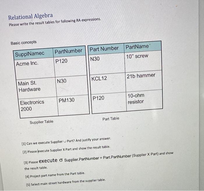 Solved Relational Algebra Please write the result tables for | Chegg.com