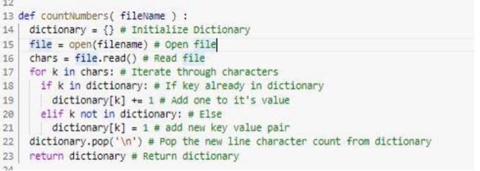 Solved 18 13 def countNumbers( filename ) : 14 dictionary = | Chegg.com Solved 18 13 def countNumbers( filename ) : 14 dictionary = | Chegg.com