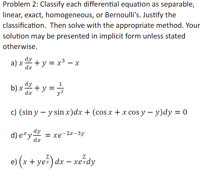 Solved Problem 2: Classify each differential equation as | Chegg.com