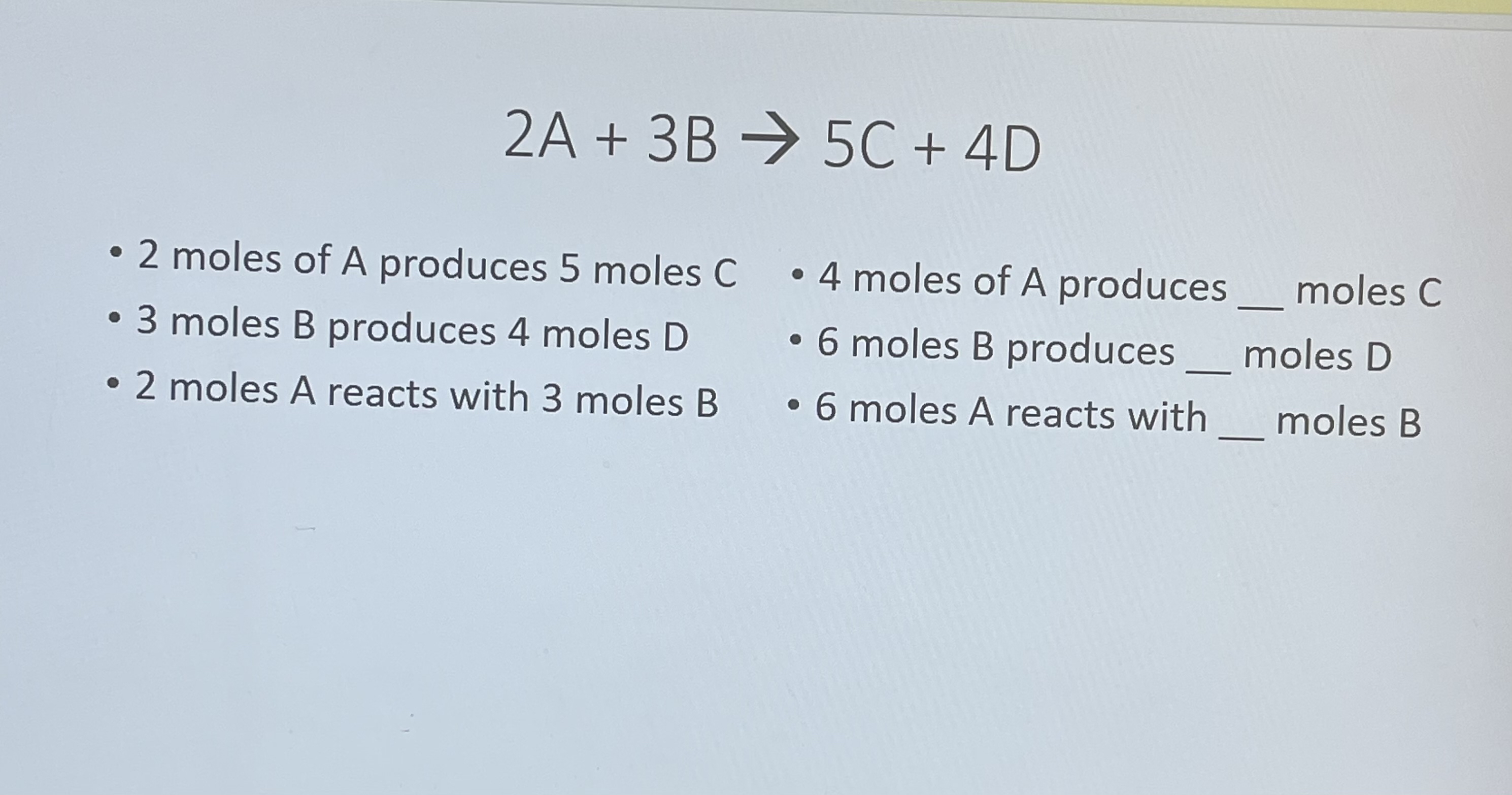 Solved 2A+3B→5C+4D2 moles of A produces 5 moles C - 4 | Chegg.com Solved 2A+3B→5C+4D2 moles of A produces 5 moles C - 4 | Chegg.com
