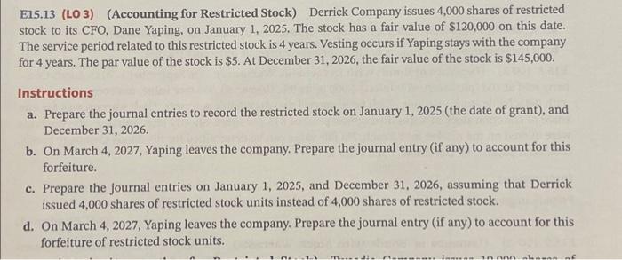 Solved E15.13 (LO 3) (Accounting for Restricted Stock) | Chegg.com