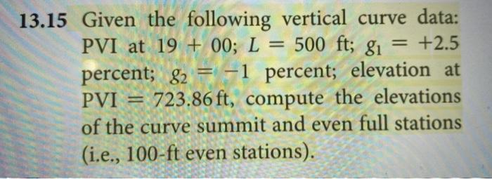 Solved 13.15 Given the following vertical curve data: PVI at | Chegg.com