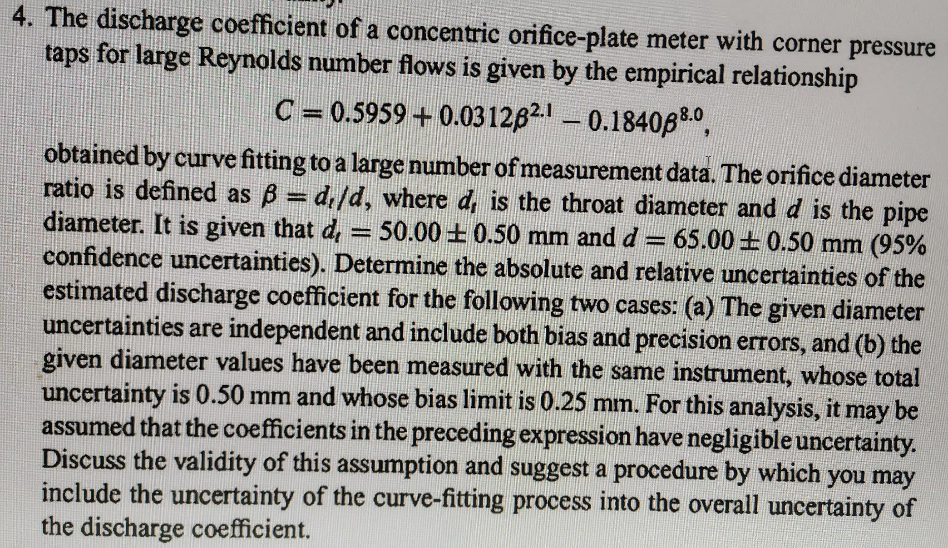 4. The discharge coefficient of a concentric | Chegg.com