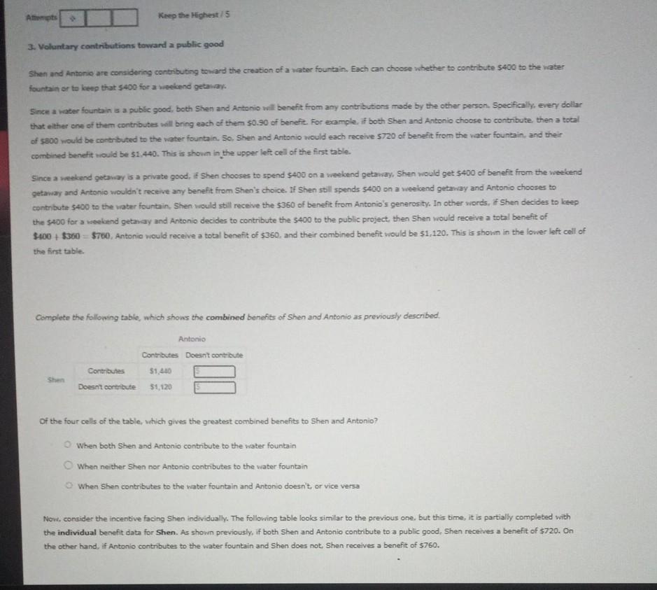 Solved 3. Voluntary contributions toward a public good Shen | Chegg.com