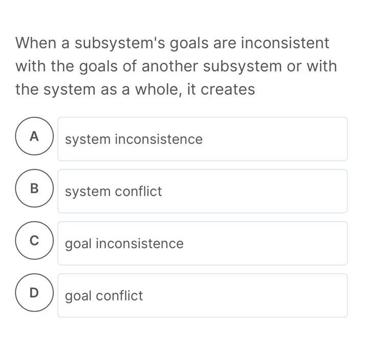 Solved When a subsystem's goals are inconsistent with the | Chegg.com