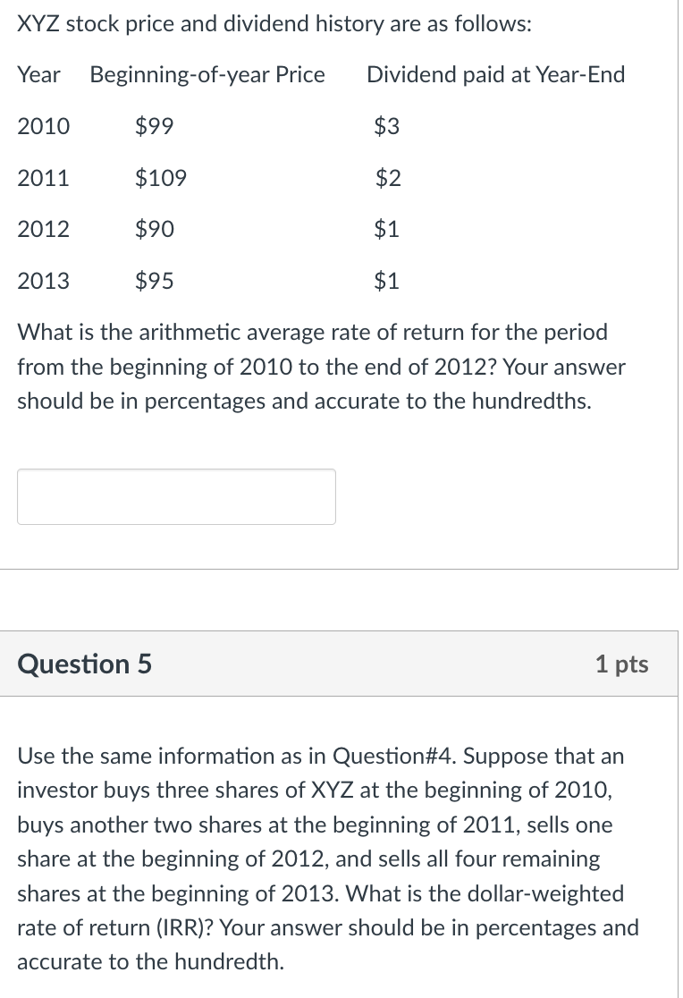 Solved Question 1. ﻿XYZ stock price and dividend history are | Chegg.com