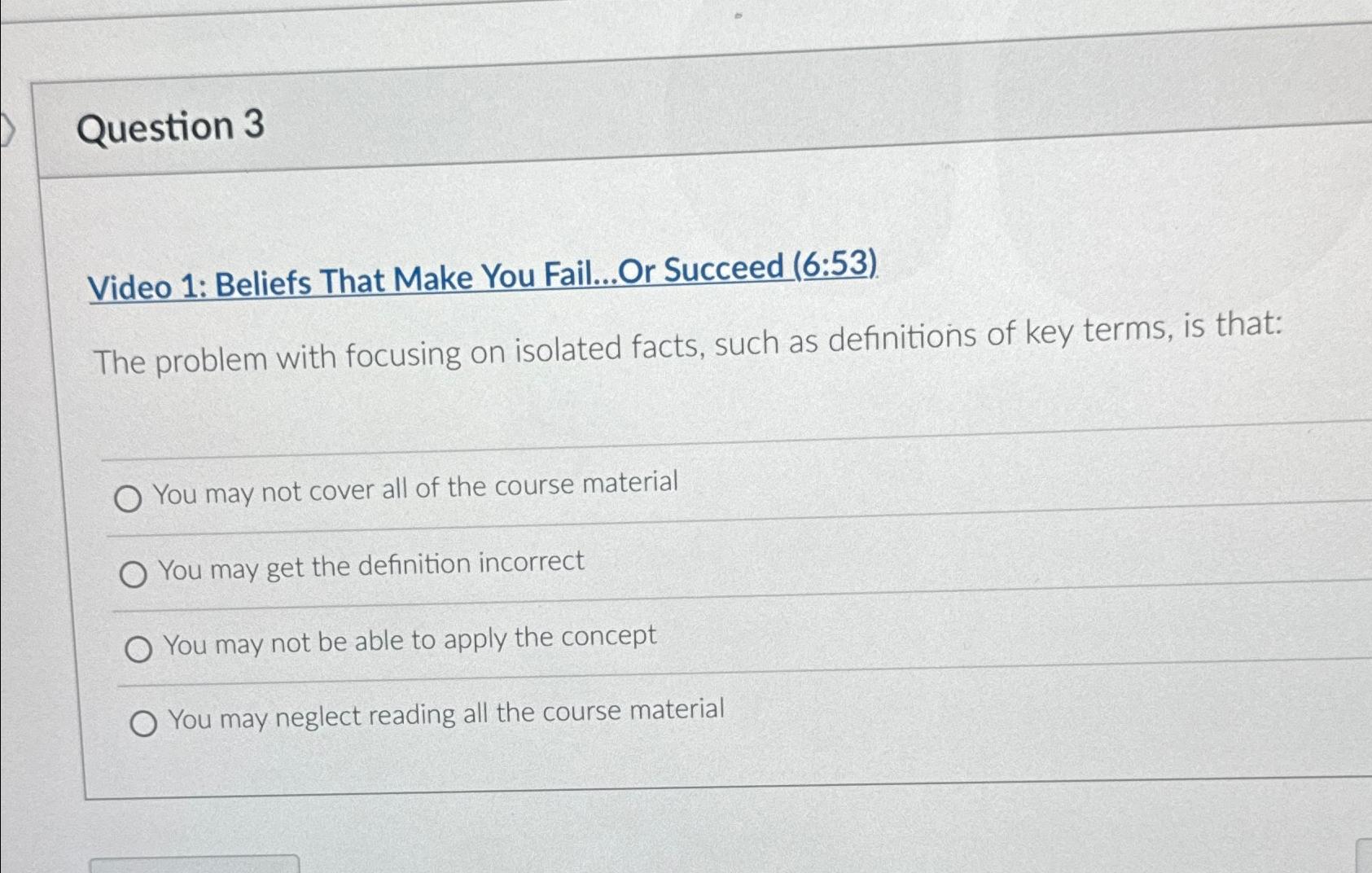 Solved Question 3Video 1: Beliefs That Make You Fail... Or | Chegg.com