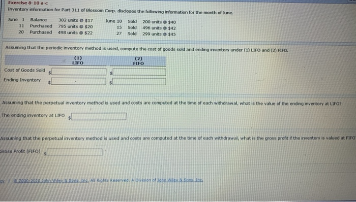 Solved Exercise 8-10 a-c Inventory information for Part 311 | Chegg.com