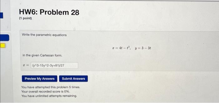 Solved HW6: Problem 28 (1 point) Write the parametric | Chegg.com