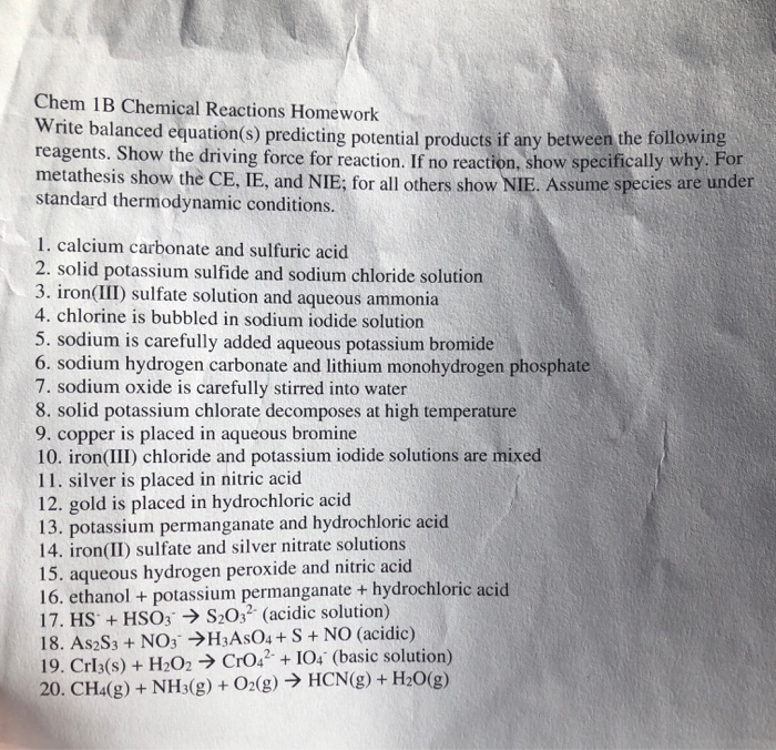 Solved Chem 1B Chemical Reactions Homework Write balanced | Chegg.com