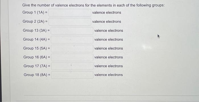 Solved Give the number of valence electrons for the elements | Chegg.com