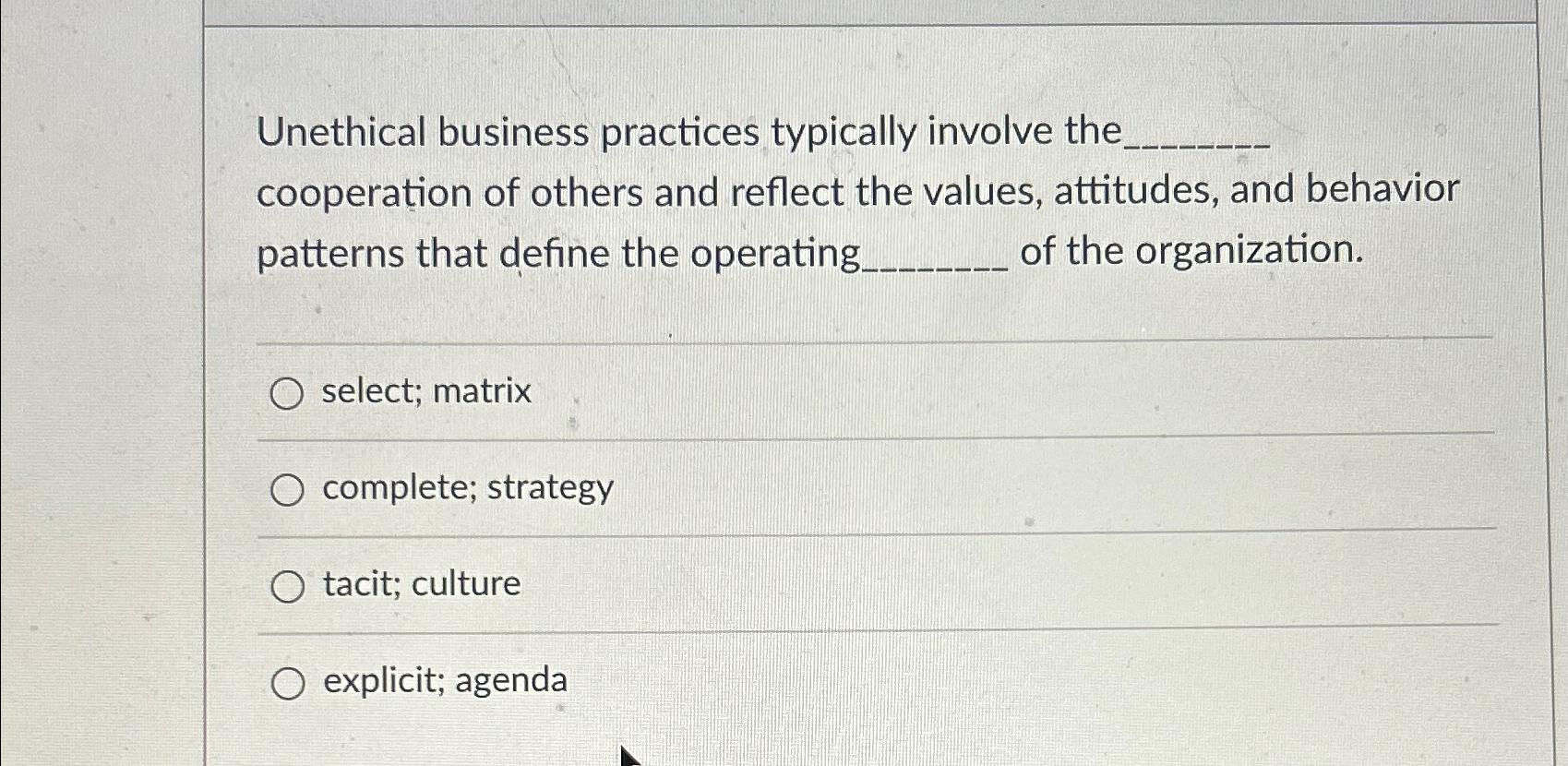 Solved Unethical business practices typically involve the | Chegg.com