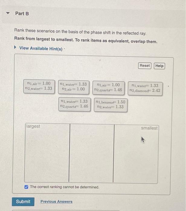 Solved Reflection and Refraction Ranking Task A ray of light | Chegg.com