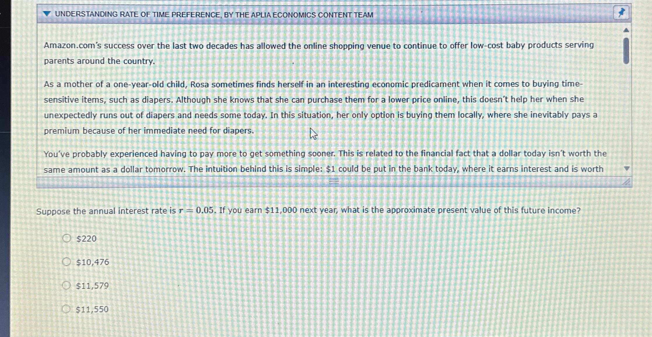 Solved UNDERSTANDING RATE OF TIME PREFERENCE, BY THE APLIA | Chegg.com