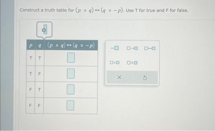 Solved Construct a truth table for (p∧q)↔(q∨∼p). Use T for | Chegg.com