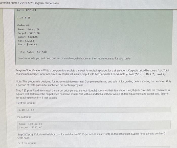 Solved amming home > 2.23: LAB* Program: Carpet sales Cost: | Chegg.com