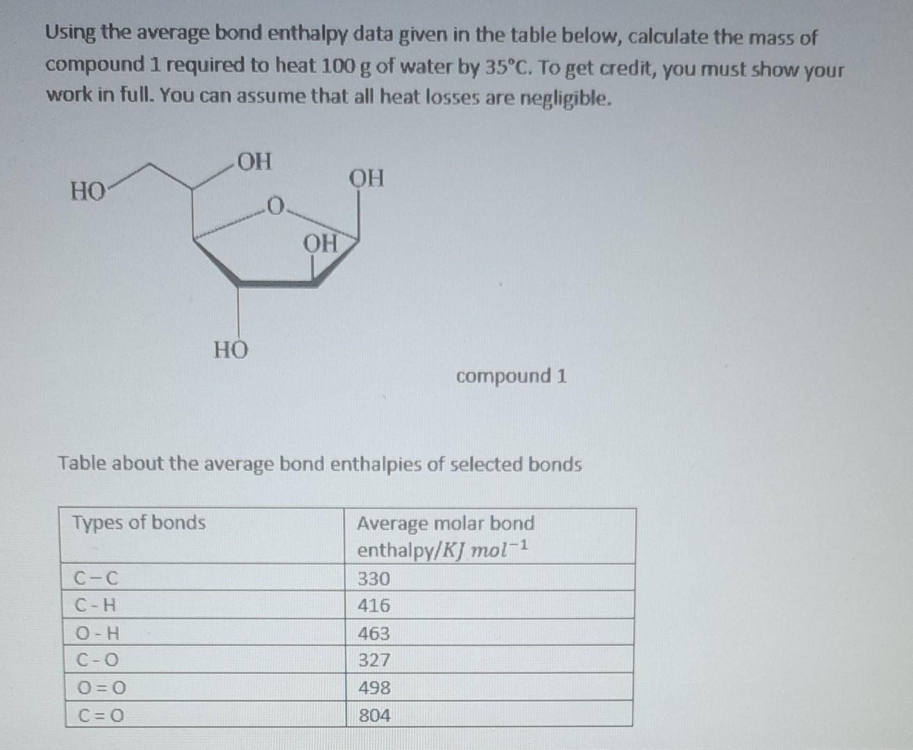 Solved Using the average bond enthalpy data given in the | Chegg.com