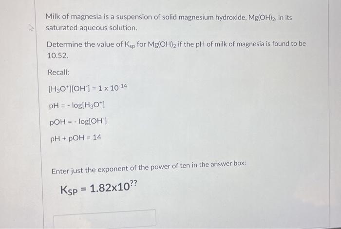 Solved Milk of magnesia is a suspension of solid magnesium | Chegg.com